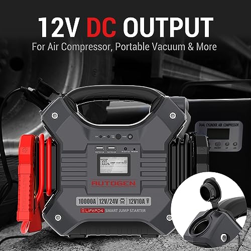 AUTOGEN 12V & 24V Jump Starter 10000Amp Lithium Iron Phosphate (LiFePO4) Battery, Booster Jumper Box with Smart LED Screen Built-in LED Light