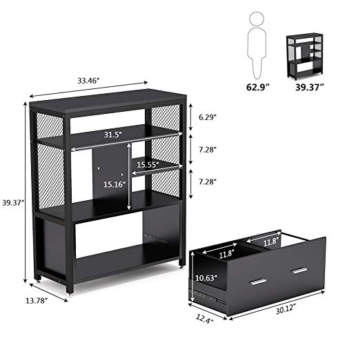 Tribesigns Wood Lateral File Cabinet with Drawer for Letter Size, Large Modern Filing Cabinet Printer Stand with Metal Wire Open Storage Shelves for Home Office (Black)