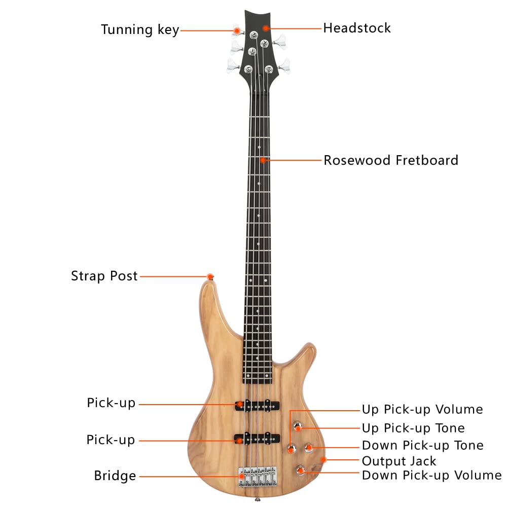 Lykos Exquisite Stylish GIB Electric 5 String Bass Guitar Full Size Bag Strap Pick Connector Wrench Tool (Burlywood)