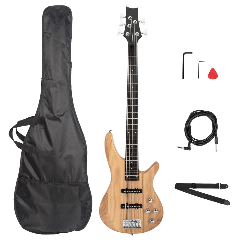 Lykos Exquisite Stylish GIB Electric 5 String Bass Guitar Full Size Bag Strap Pick Connector Wrench Tool (Burlywood)