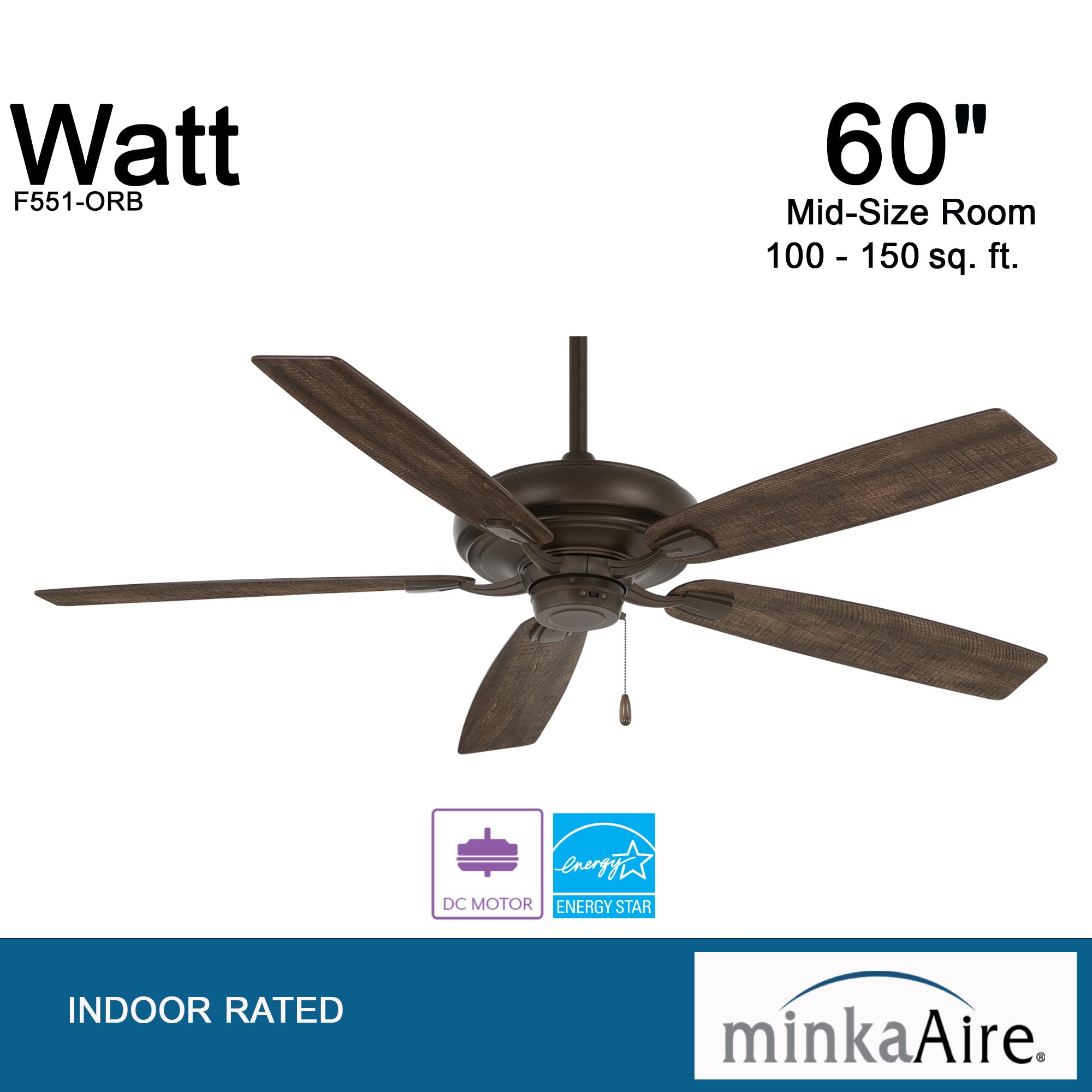 MINKA-AIRE F551-ORB Watt 60 Inch Energy Star Rated Ceiling Fan with DC Motor and 4 Speed Pull Chain in Oil Rubbed Bronze Finish