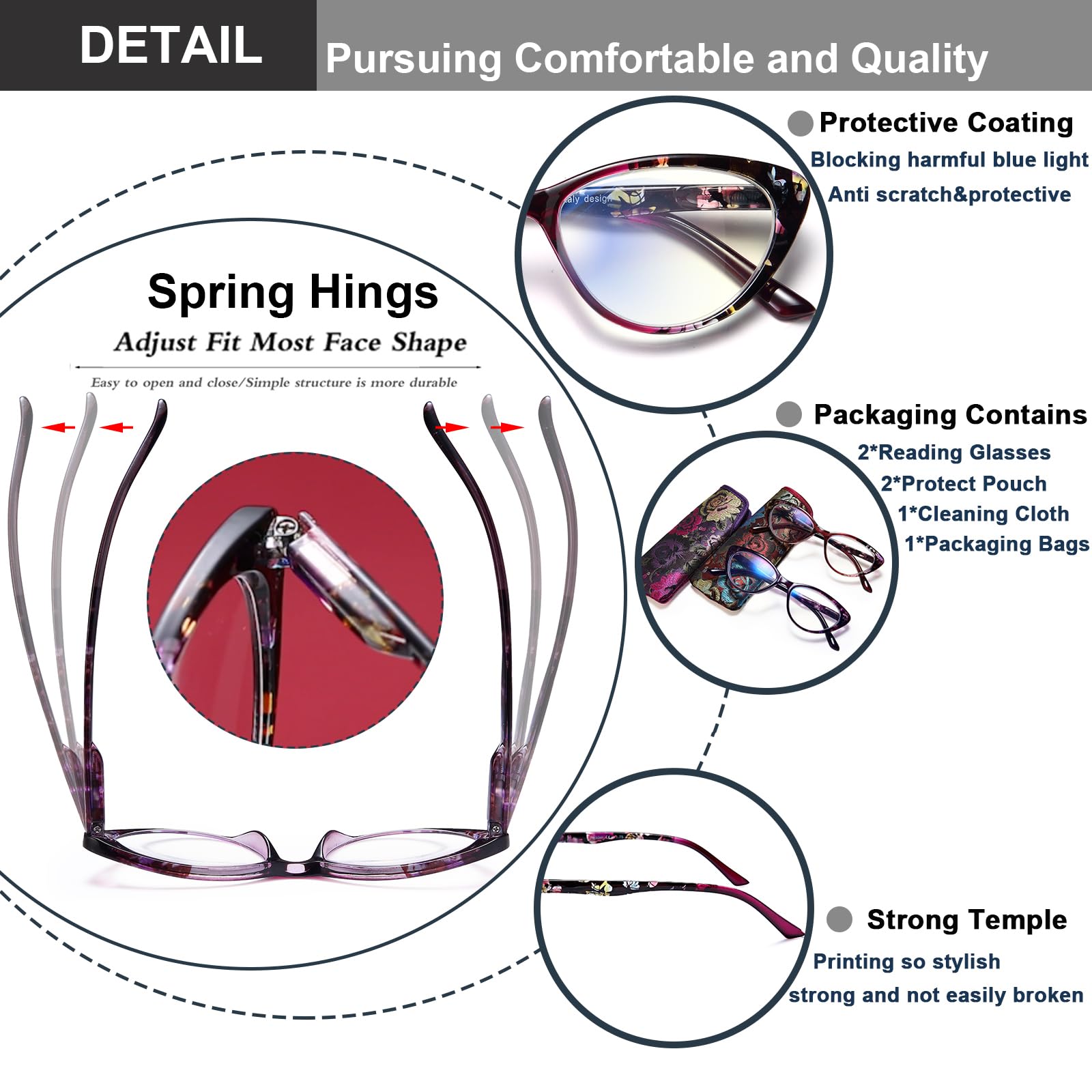 EYEURL Cat Eye Reading Glasses for Womens Set of 2 Blue Light Blocking Readers +1.75 Fashion Ladies Computer Eyeglass Spring Hinge
