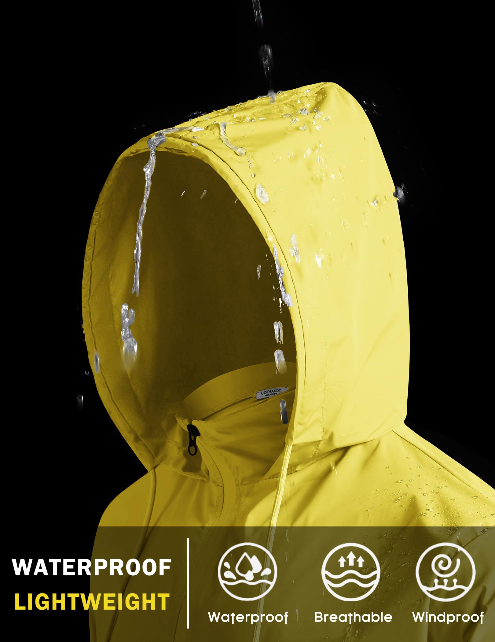 COOFANDY Men Rain Jacket Yellow Lightweight Packable Raincoat Waterproof Jogging Rain Coat with Hood Large