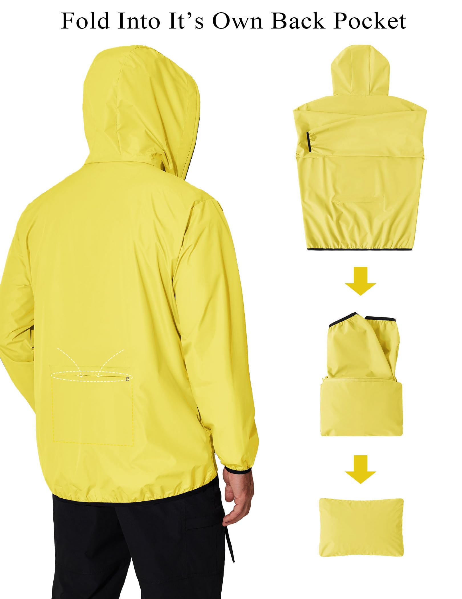 COOFANDY Men Rain Jacket Yellow Lightweight Packable Raincoat Waterproof Jogging Rain Coat with Hood Large