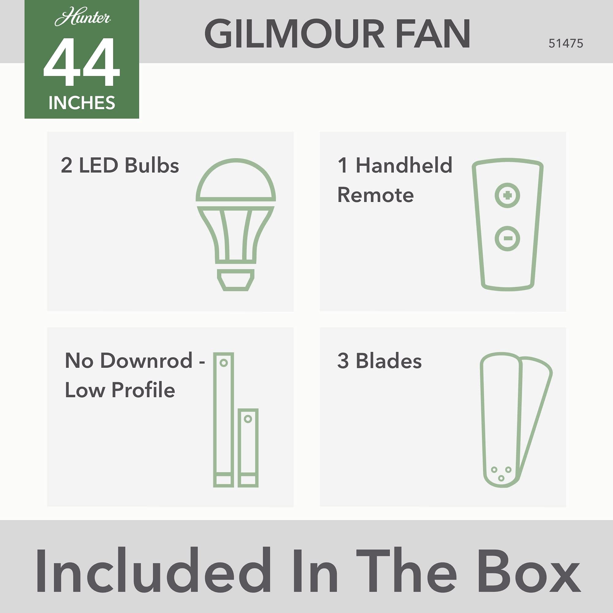 Hunter Fan Company Gilmour 44-inch Indoor/Outdoor Matte Black Casual Ceiling Fan With Bright LED Light Kit, Remote Control, Reversible WhisperWind Motor and SureSpeed Technology Included
