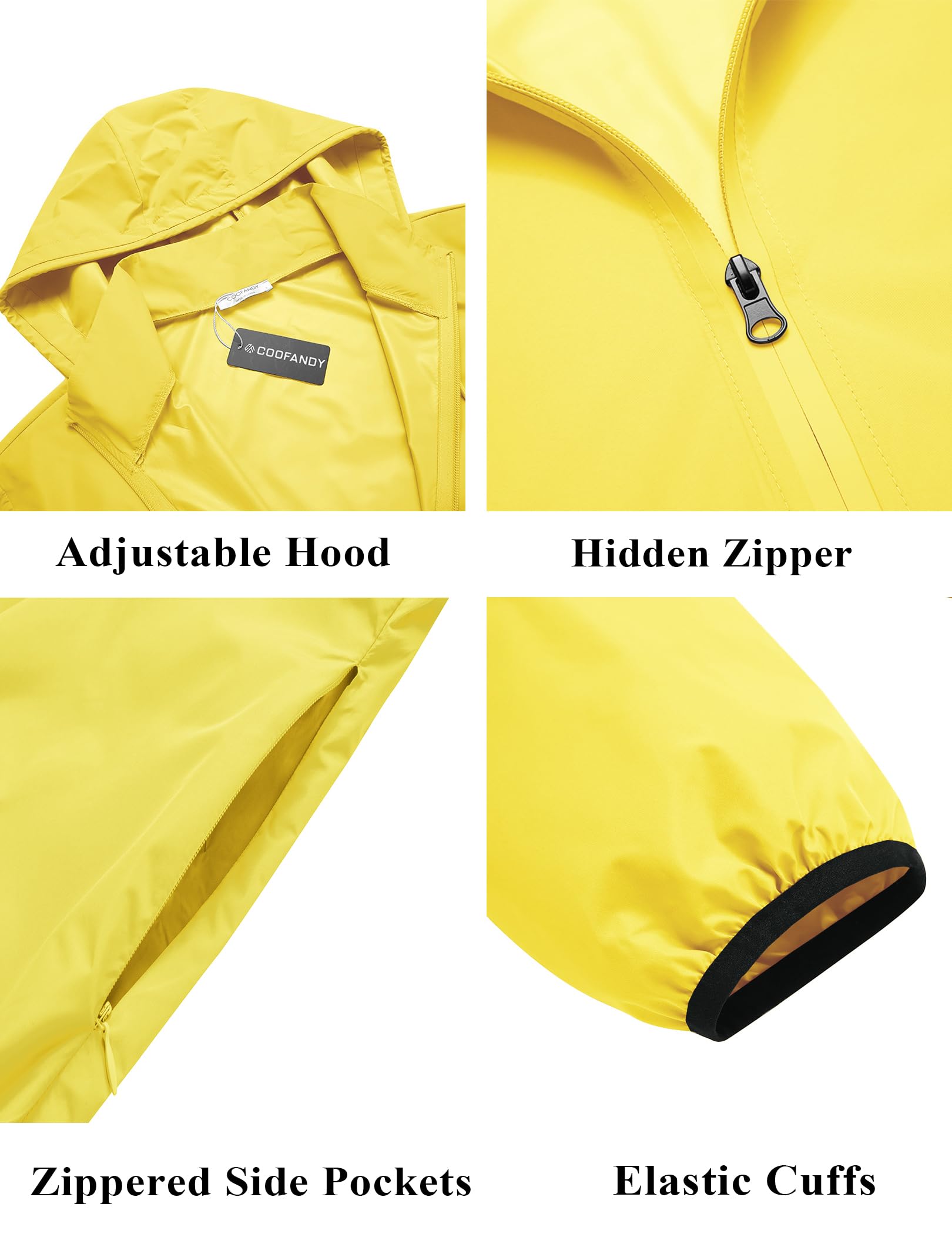 COOFANDY Men Rain Jacket Yellow Lightweight Packable Raincoat Waterproof Jogging Rain Coat with Hood Large