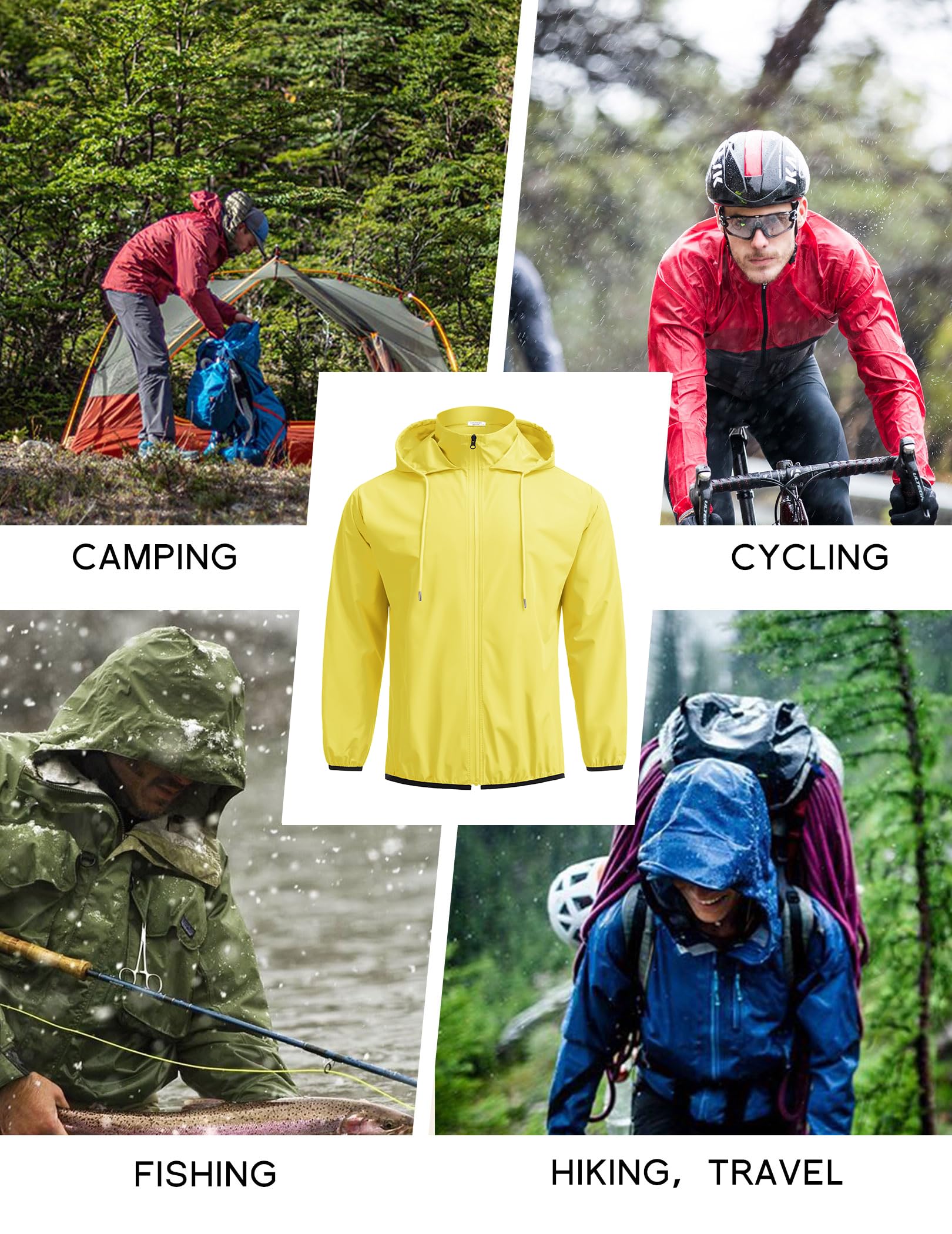 COOFANDY Men Rain Jacket Yellow Lightweight Packable Raincoat Waterproof Jogging Rain Coat with Hood Large