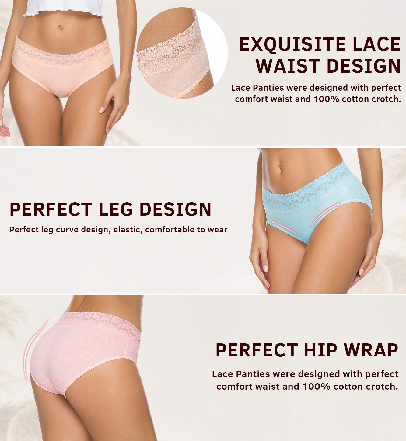 GNEPH Cotton Underwear Panties For Women, Hipster Lace Bikini Panties For Women 5 Pack(218L-Light)