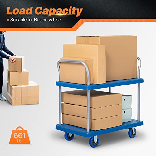 MoNiBloom 2 Tier Steel Utility Cart Multipurpose Service Trolley Cart with Wheels Great for Warehouse Garage Office, 661 lbs Capacity