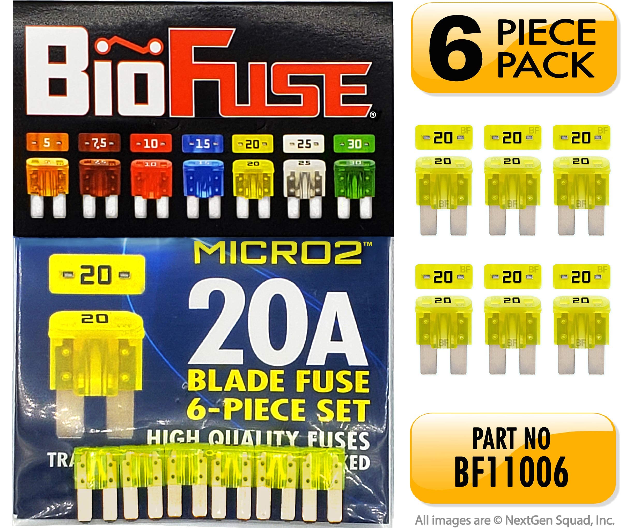 BioFuse Micro2 APT ATR 6-Piece 20A Automotive Car Fuses (Set of 6 Micro 2 Blade Fuses) Transparent and Clearly Marked