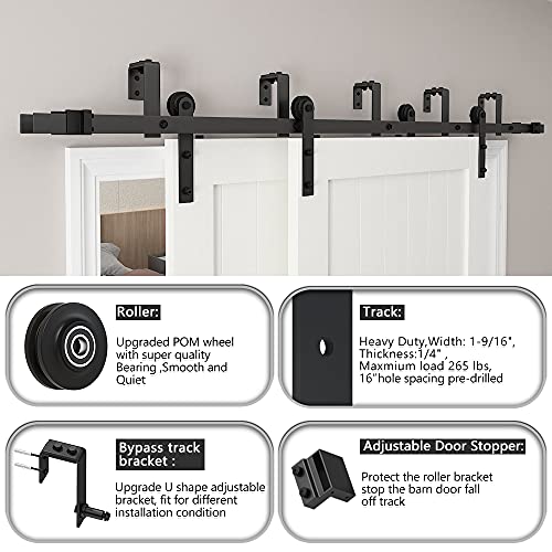 skysen 5.5FT Low Ceiling Heavy Duty Sliding Barn Door Hardware Double Track Bypass Double Door Kit Black(Bypass I Shape-2)