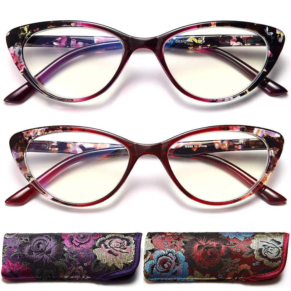 EYEURL Cat Eye Reading Glasses for Womens Set of 2 Blue Light Blocking Readers +1.75 Fashion Ladies Computer Eyeglass Spring Hinge