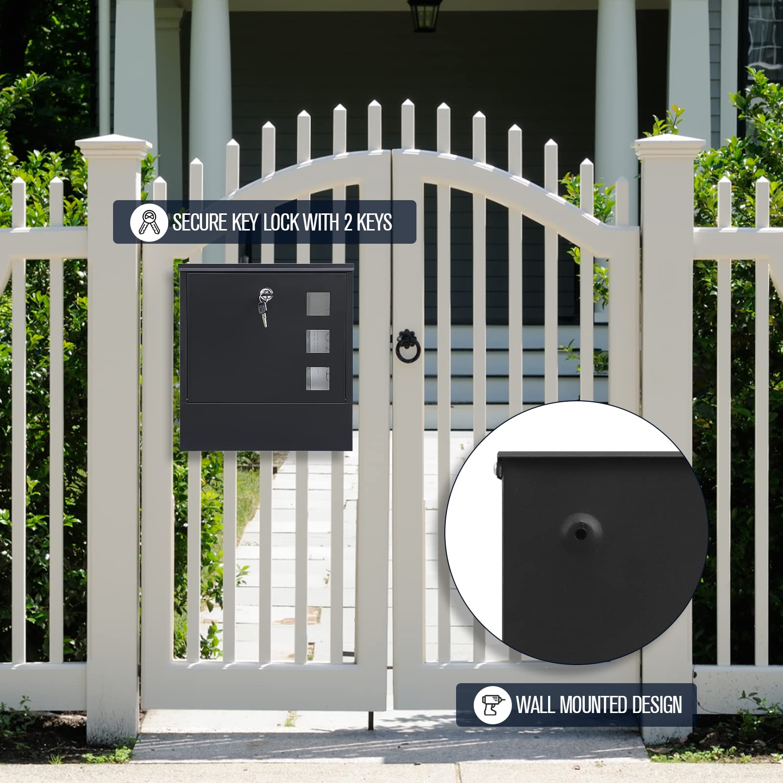 KYODOLED Locking Mailbox Wall Mount, Locked Mail Boxes, Mailbox with Key Lock for Outside, Large Capacity Drop Box for Newspapers, 13 x 3.4 x 11.8 Inch, Black