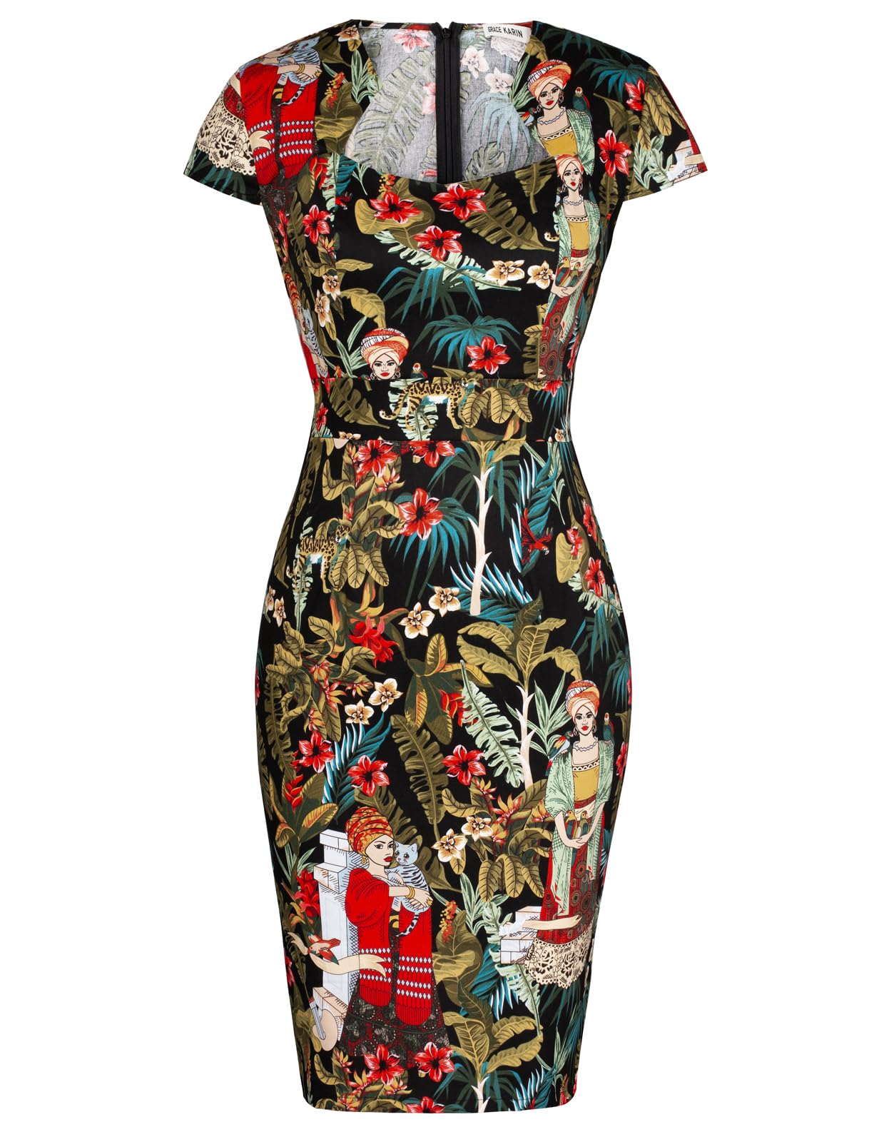 Women's 50s Vintage Printed Leaves Pencil Dress Cap Sleeve Wiggle Dress Medium