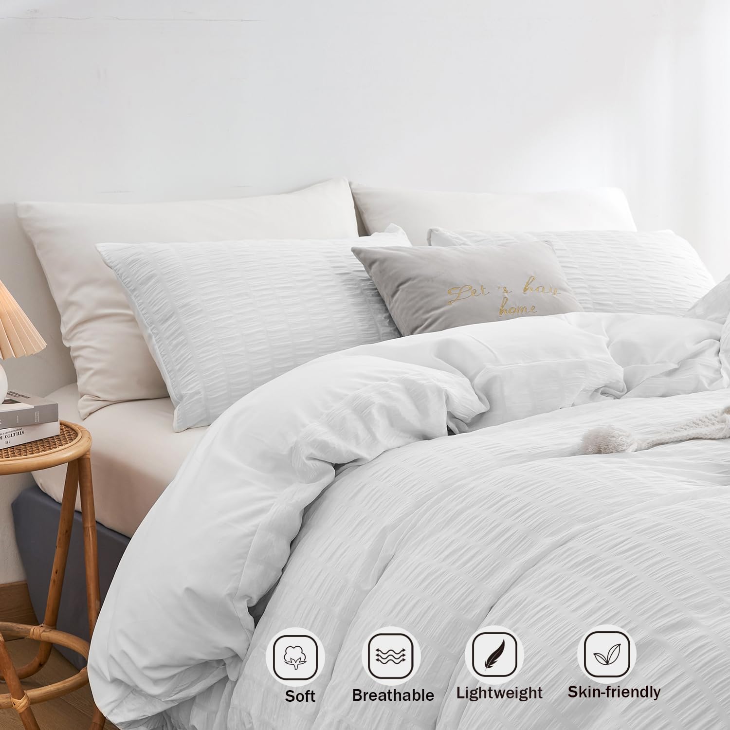 DuShow California King Duvet Cover White,3 Pieces Seersucker Duvet Cover Set,Soft Breathable Textured Cal King Bedding Set,Oversized King Comforter Cover Set for All Season