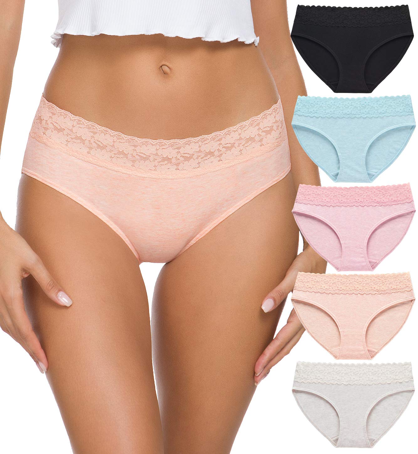 GNEPH Cotton Underwear Panties For Women, Hipster Lace Bikini Panties For Women 5 Pack(218L-Light)
