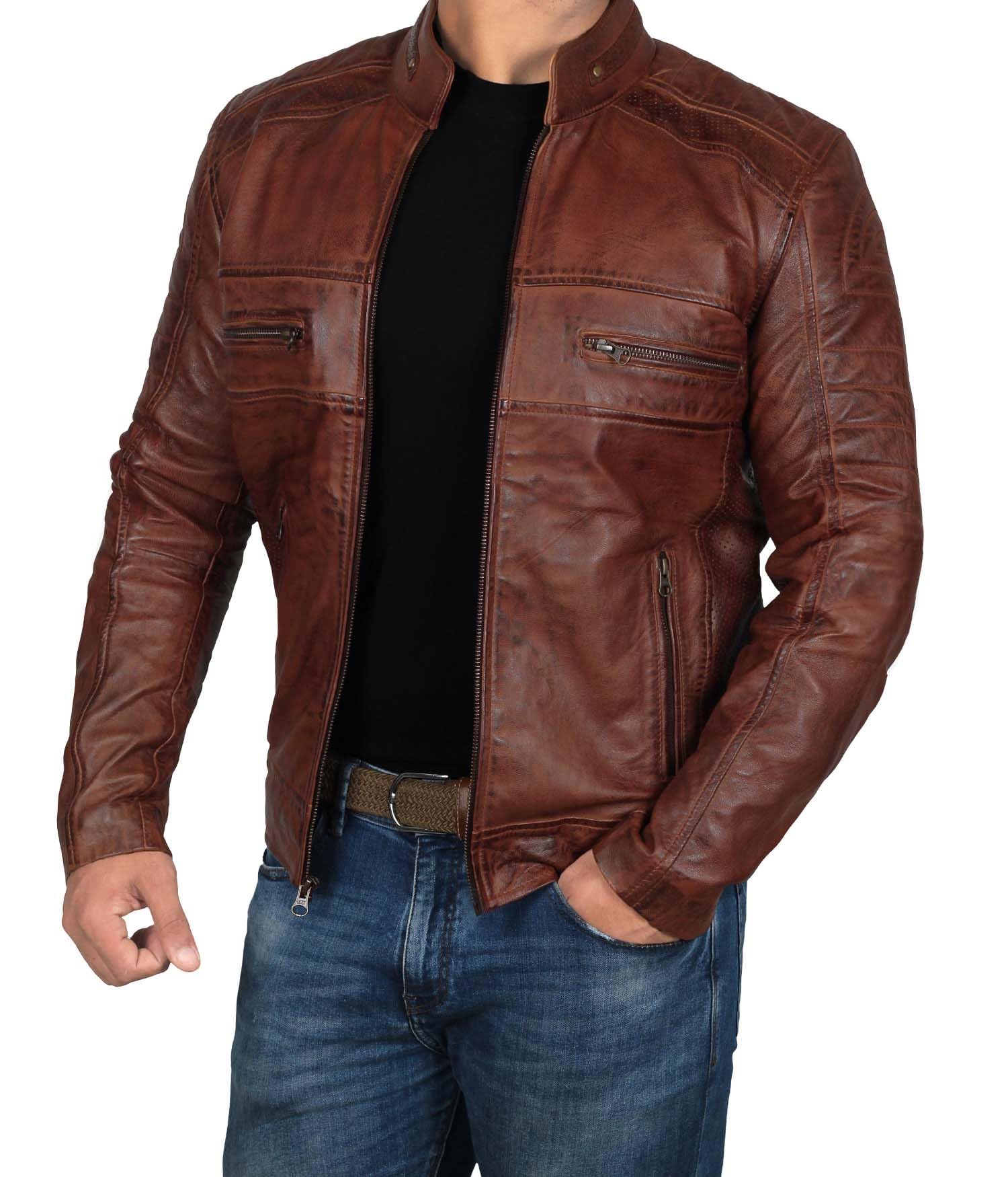 Decrum Motorcycle Jacket Men - Mens Leather Jacket | [1100065] Austin Brown, XL