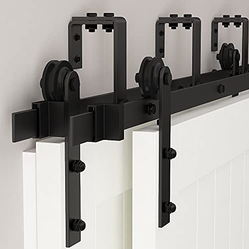 skysen 5.5FT Low Ceiling Heavy Duty Sliding Barn Door Hardware Double Track Bypass Double Door Kit Black(Bypass I Shape-2)