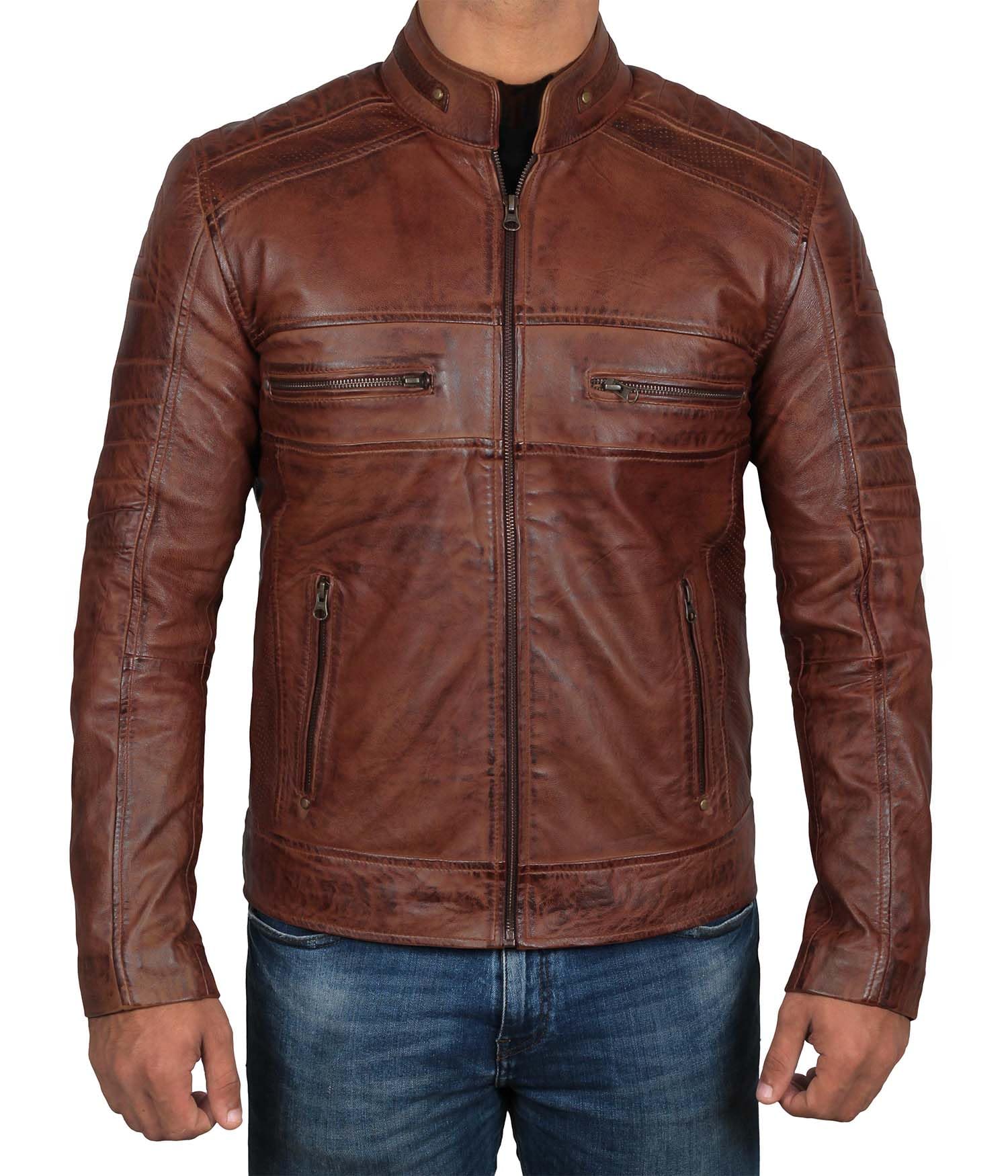 Decrum Motorcycle Jacket Men - Mens Leather Jacket | [1100065] Austin Brown, XL
