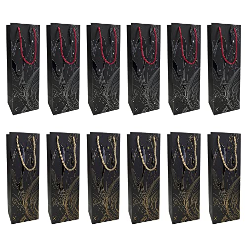 YONNOR Wine Gift Bag, 12 Pack Gold Foil Wine Bags with Matching Tags, Wine Bags for Wine Bottles in Black