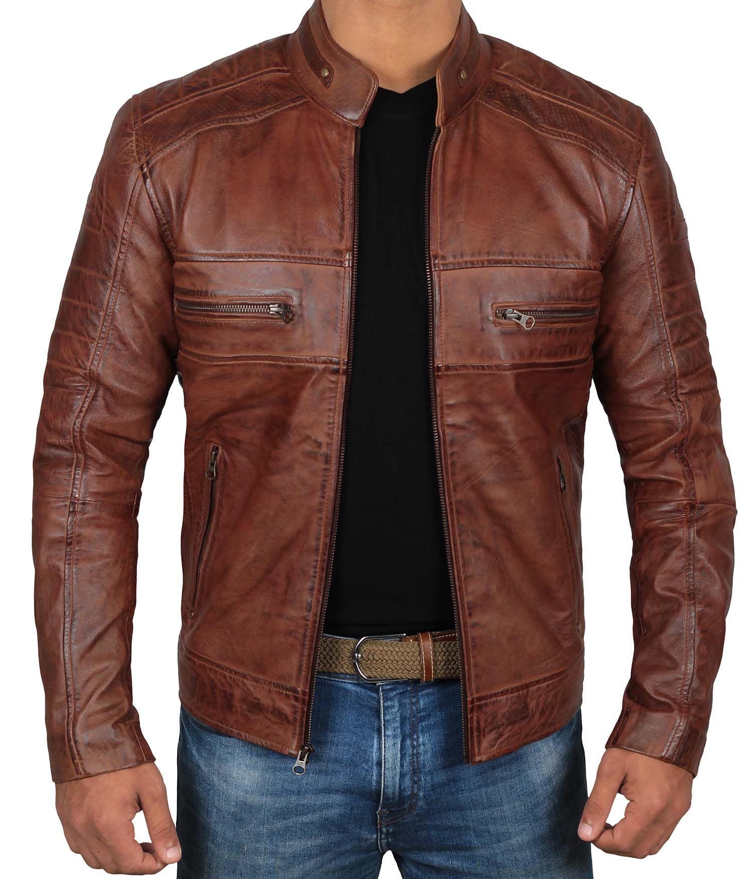 Decrum Motorcycle Jacket Men - Mens Leather Jacket | [1100065] Austin Brown, XL