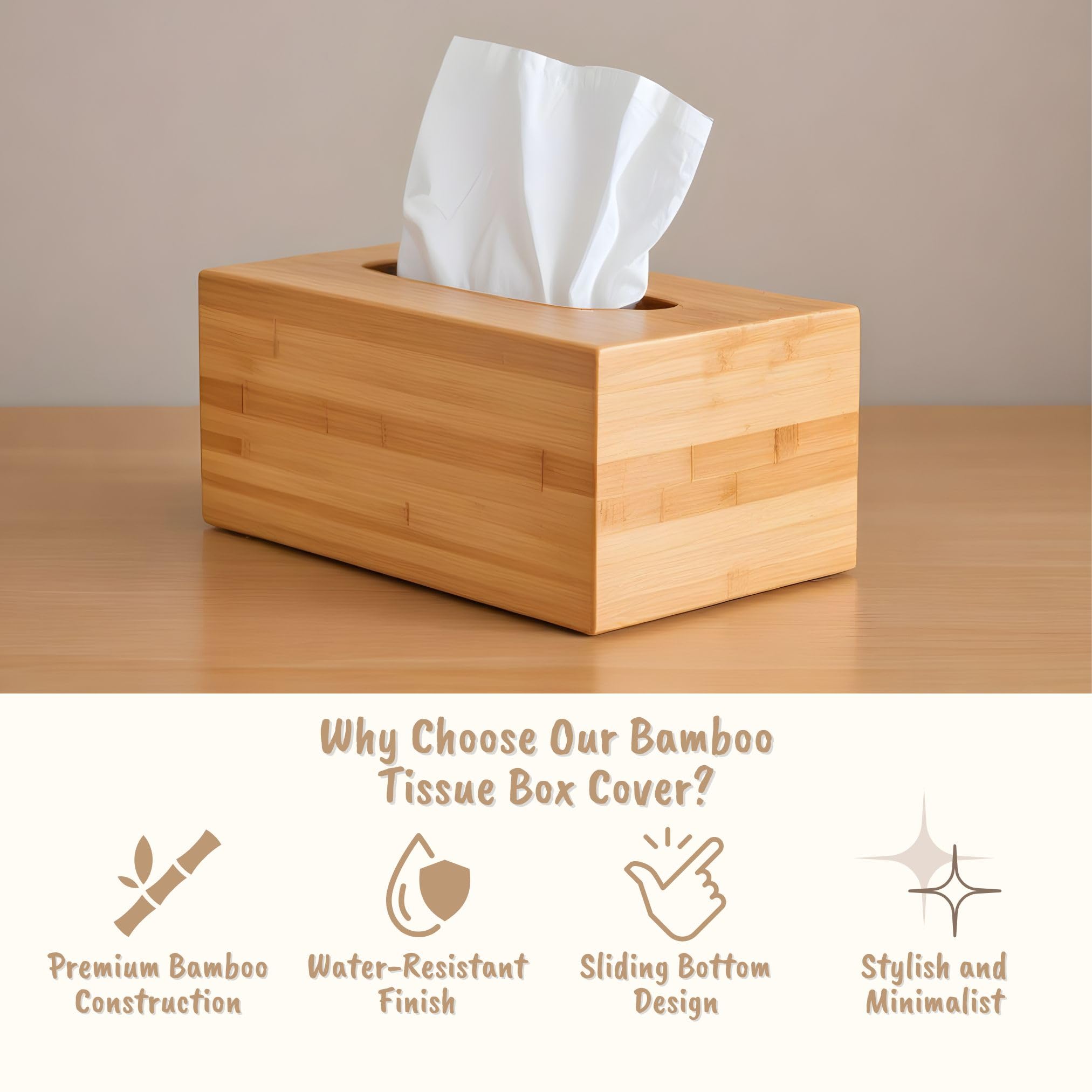 PERFORMORE Bamboo Tissue Box Cover - Water-Resistant Rectangular Wooden Facial Tissue Box with Sliding Bottom - 27x15.5x11.5 cm Wood Kleenex Box Holder - Ideal for Bathroom, Office Desk & Nightstand