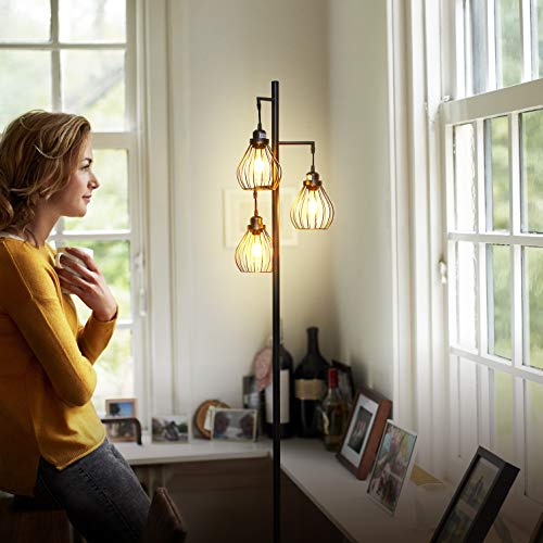 Brightech Teardrop LED Floor Lamp – Tree Standing Lamp with 3 Elegant Cage Heads & Edison Bulbs – Standing Lamp for Living Rooms & Offices – Tall Standing Lamp Ideal for Bedroom Reading – Black