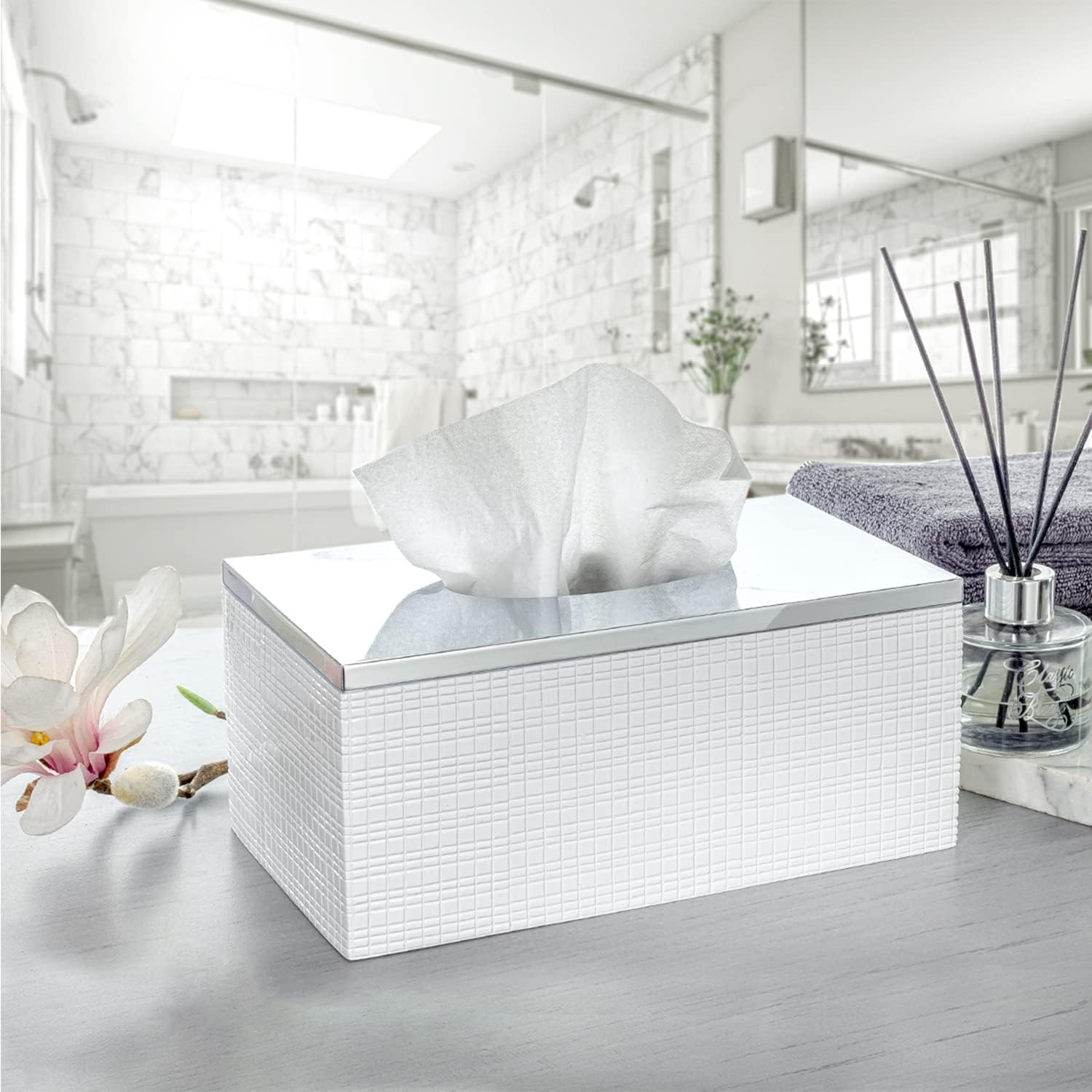 Creative Scents Estella Rectangle Tissue Box Cover - White Tissue Box Holder Rectangular - Decorative Tissue Holder for Bathroom - Elegant White Bathroom Accessories Decor