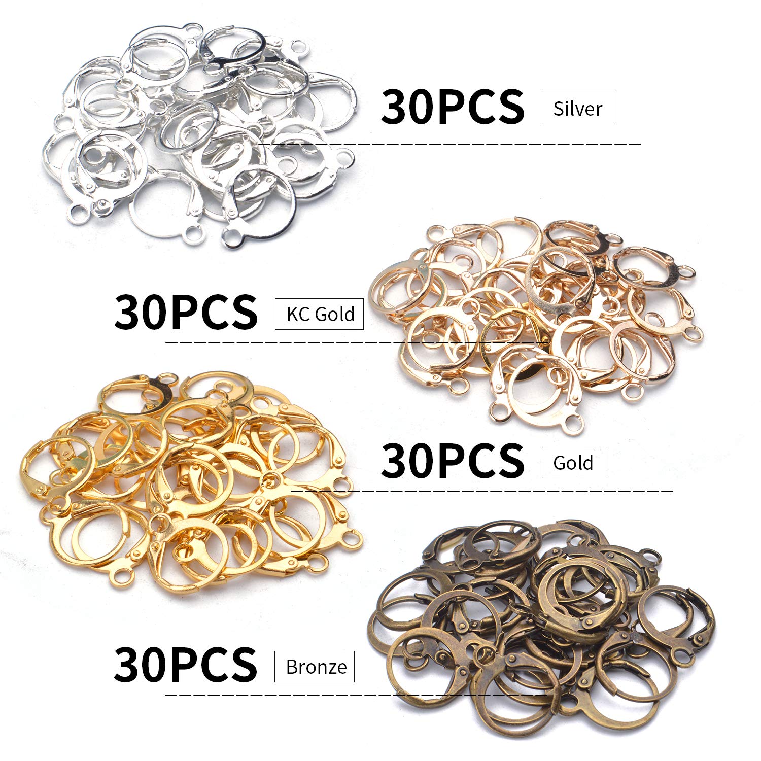 Hypoallergenic Earring Hooks, 120 Pieces Brass Lever Back Earring Round French Hook Ear Wire with Open Loop for Earring Designs Jewelry Making - 4 Colors