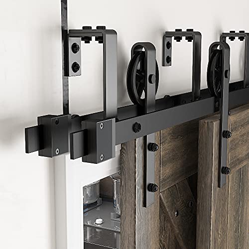 skysen 6FT Low Ceiling Heavy Duty Sliding Barn Door Hardware Double Track Bypass Double Door Kit Black(Bypass Spoke Wheel-2)