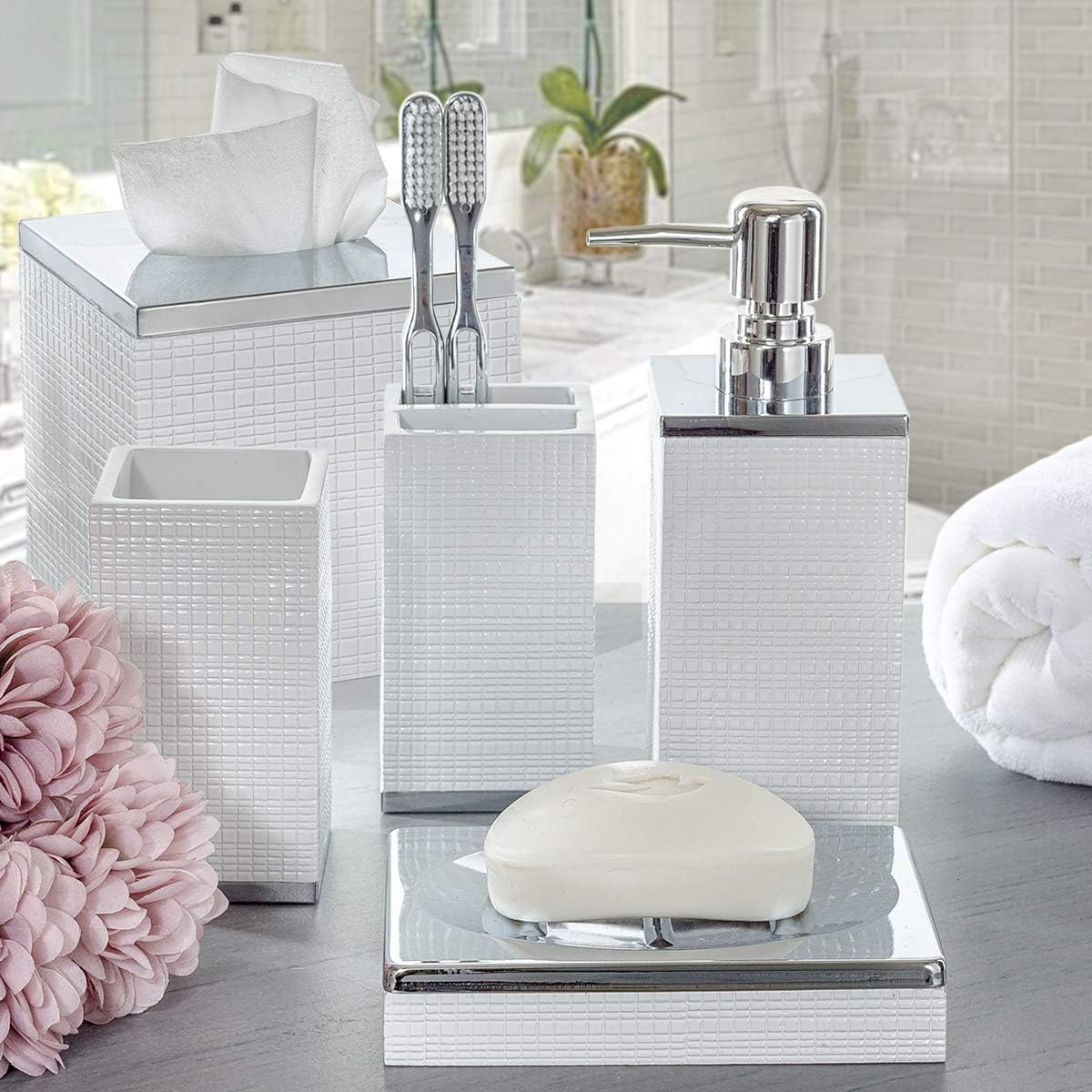 Creative Scents Estella Rectangle Tissue Box Cover - White Tissue Box Holder Rectangular - Decorative Tissue Holder for Bathroom - Elegant White Bathroom Accessories Decor