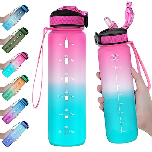 EYQ 32 oz Water Bottle with Time Marker, Carry Strap, Leak-Proof Tritan BPA-Free, Ensure You Drink Enough Water for Fitness, Gym, Camping, Outdoor Sports (Fuschia/Green Gradient)