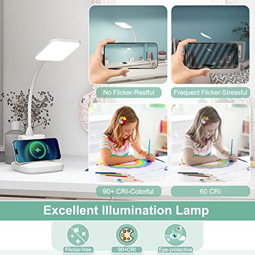 GOLSPARK Desk Lamp with Wireless Charger, Eye-Caring LED Desk Lamps for Home Office, Touch White Small Desk Light Dimming 3 Colors, 800LM, Gooseneck Study Lamp with Pen Holder for College Dorm Room