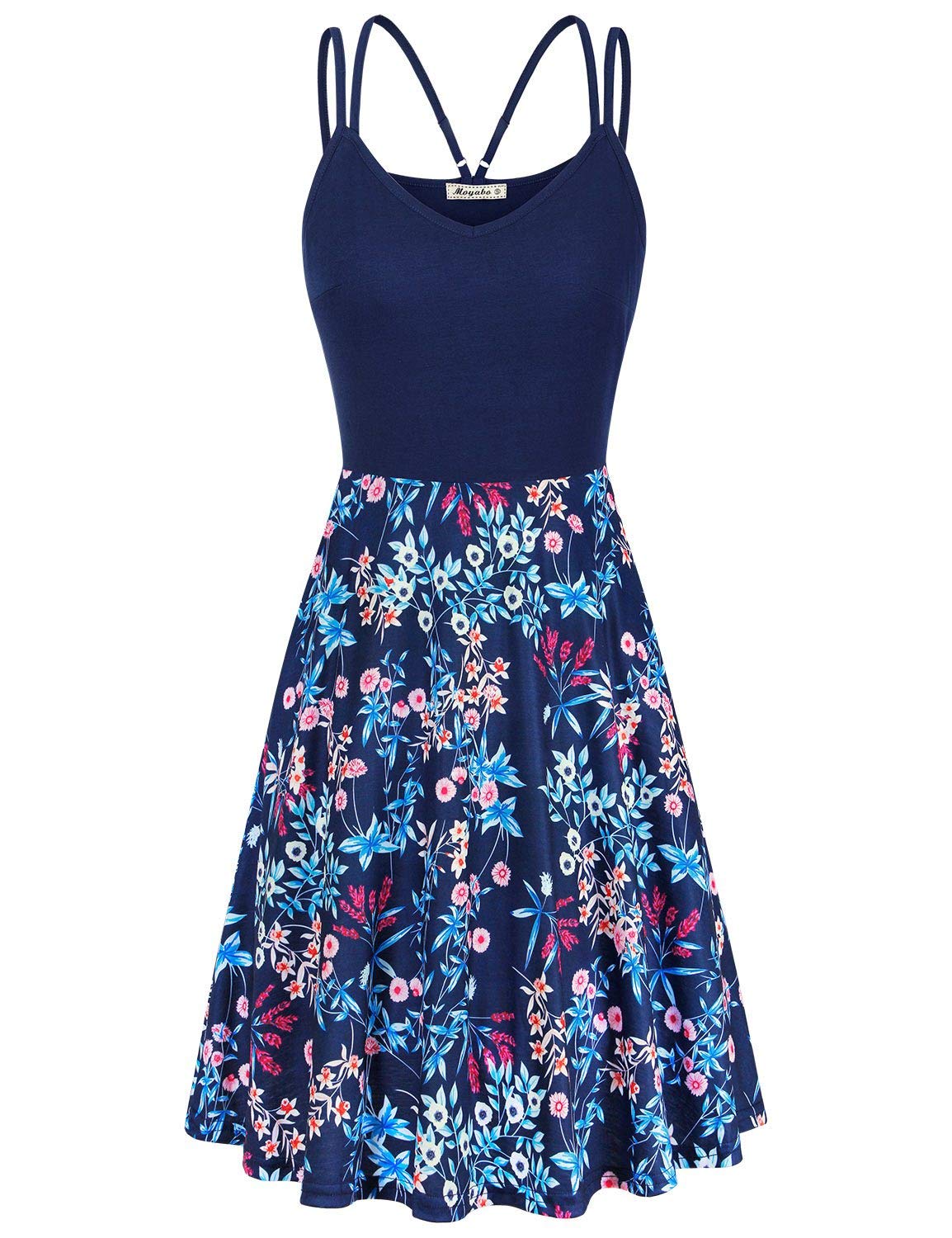 Moyabo Women's Summer V Neck Sleeveless Double Adjustable Spaghetti Strap A-line Mini Dress Navy Blue Flower X-Large