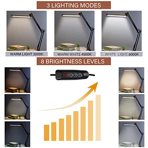 paugeory LED Lamp, LED Swing Arm Lamp with Jig, 3 Color Modes, Level 8 Dimmer Eye Protection Lamp, for Home Office, Study, Reading, Dorm, Studio, with USB Adapter (Black and Gold)