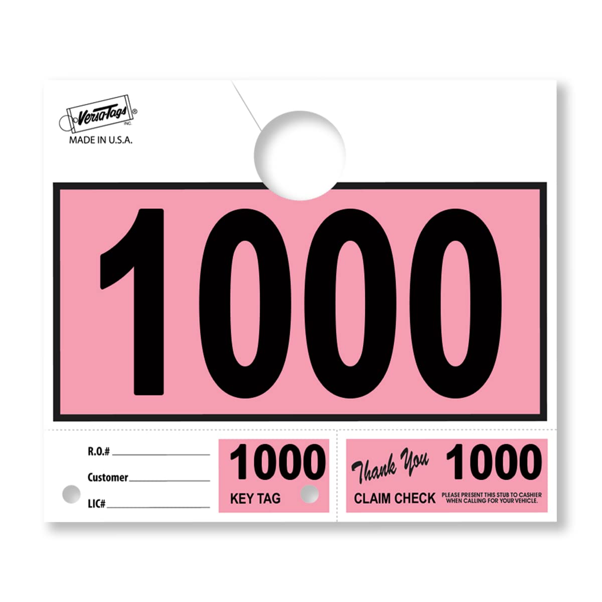 Versa-Tags 1000 Pink Car Dealer Service Hang Tags Service Dispatch Numbers, Service Department Numbered Key Tags for Mechanic Repair Shop 3 Part Key Ring - Pink (1000-1999)