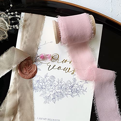 Blush Pink Chiffon Ribbon 3 Rolls Frayed Chiffon Silk Ribbons for Bouquets, Wedding, Gift Wrapping (1.5"x 6 Yd)