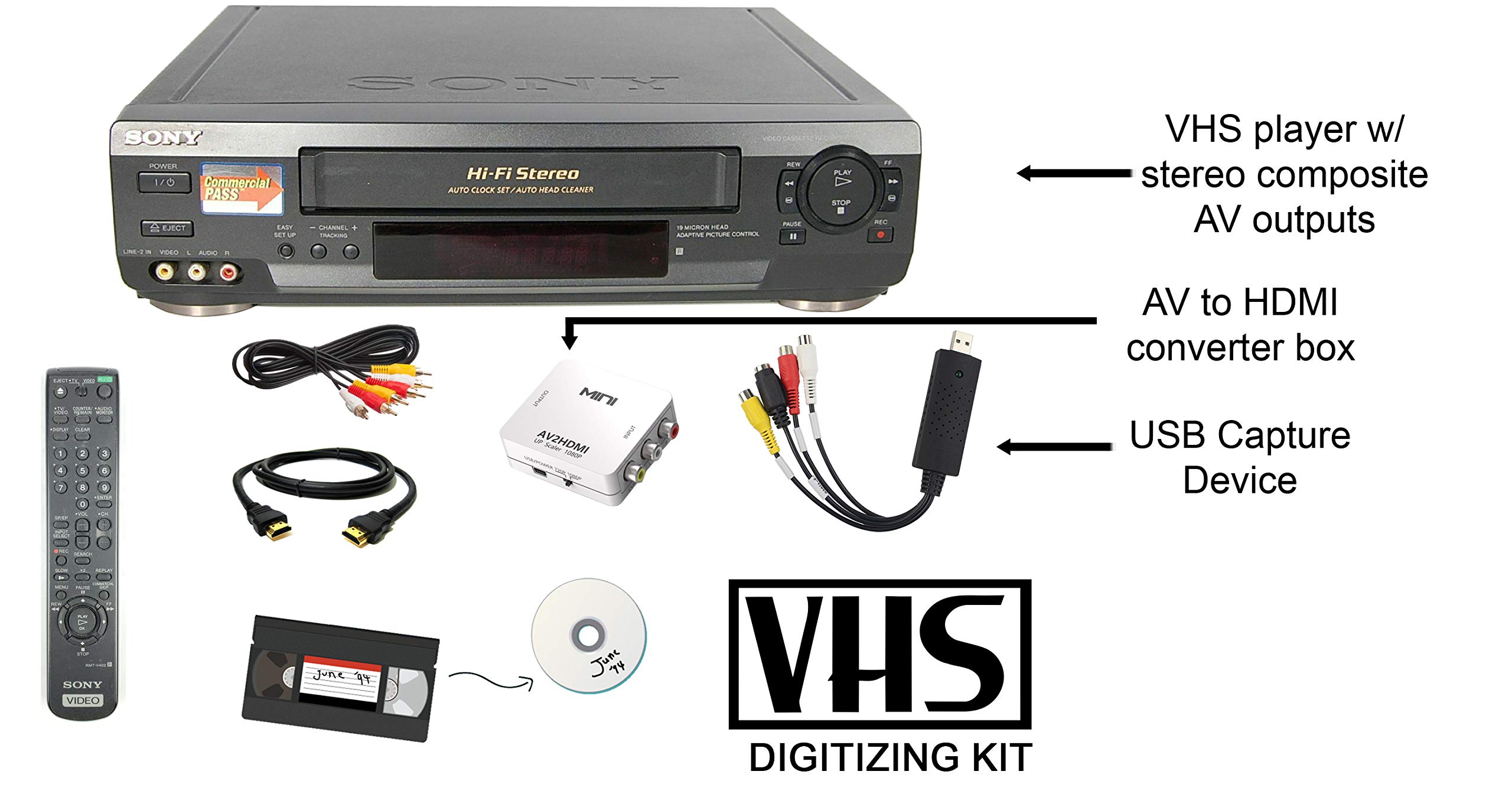 Sony VCR VHS Transfer Bundle w/ Remote, USB Adapter, HDMI Converter