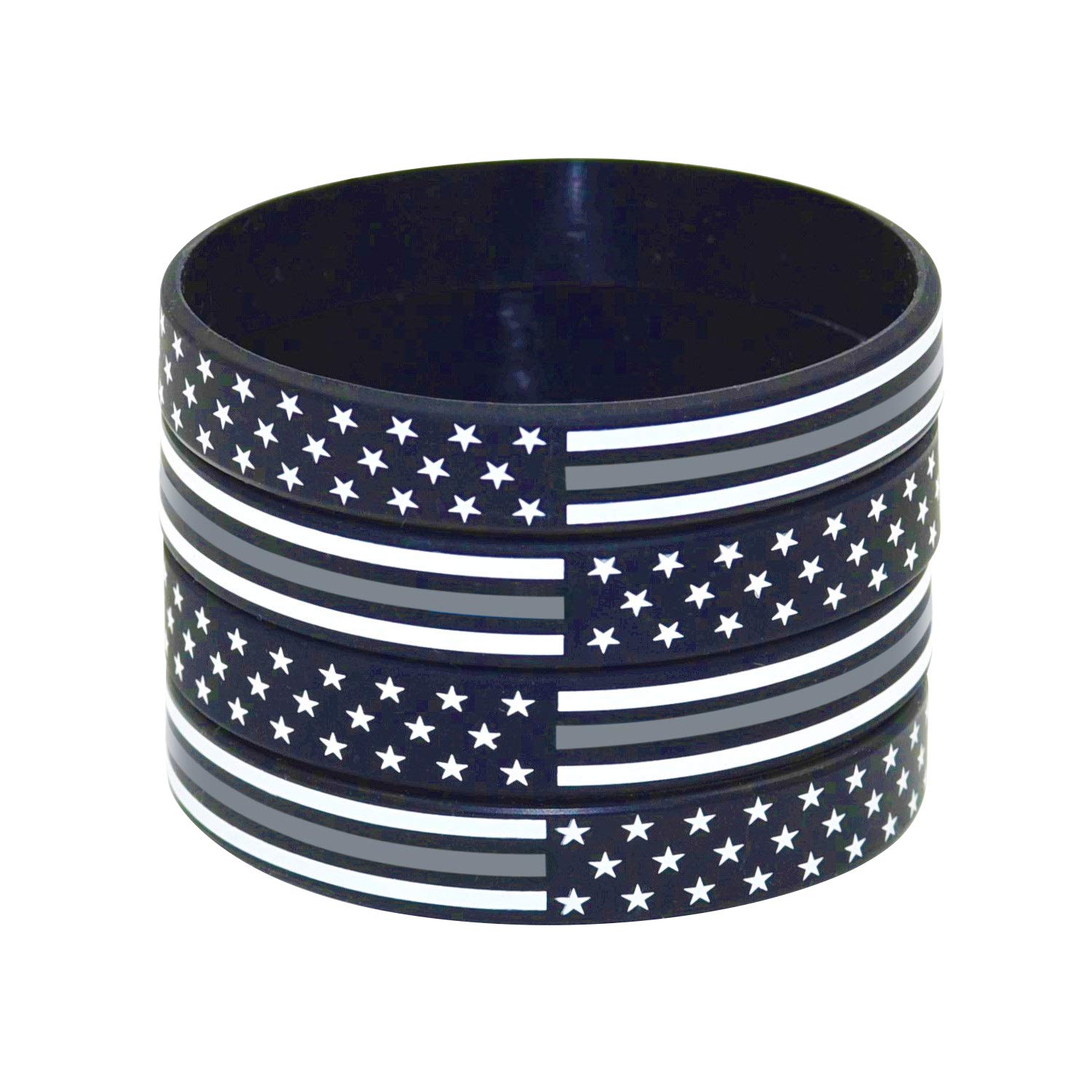 Thin Grey-Gray-Silver Line American Flag Silicone Stretchable Bracelet 4-Pack - Correctional Officer