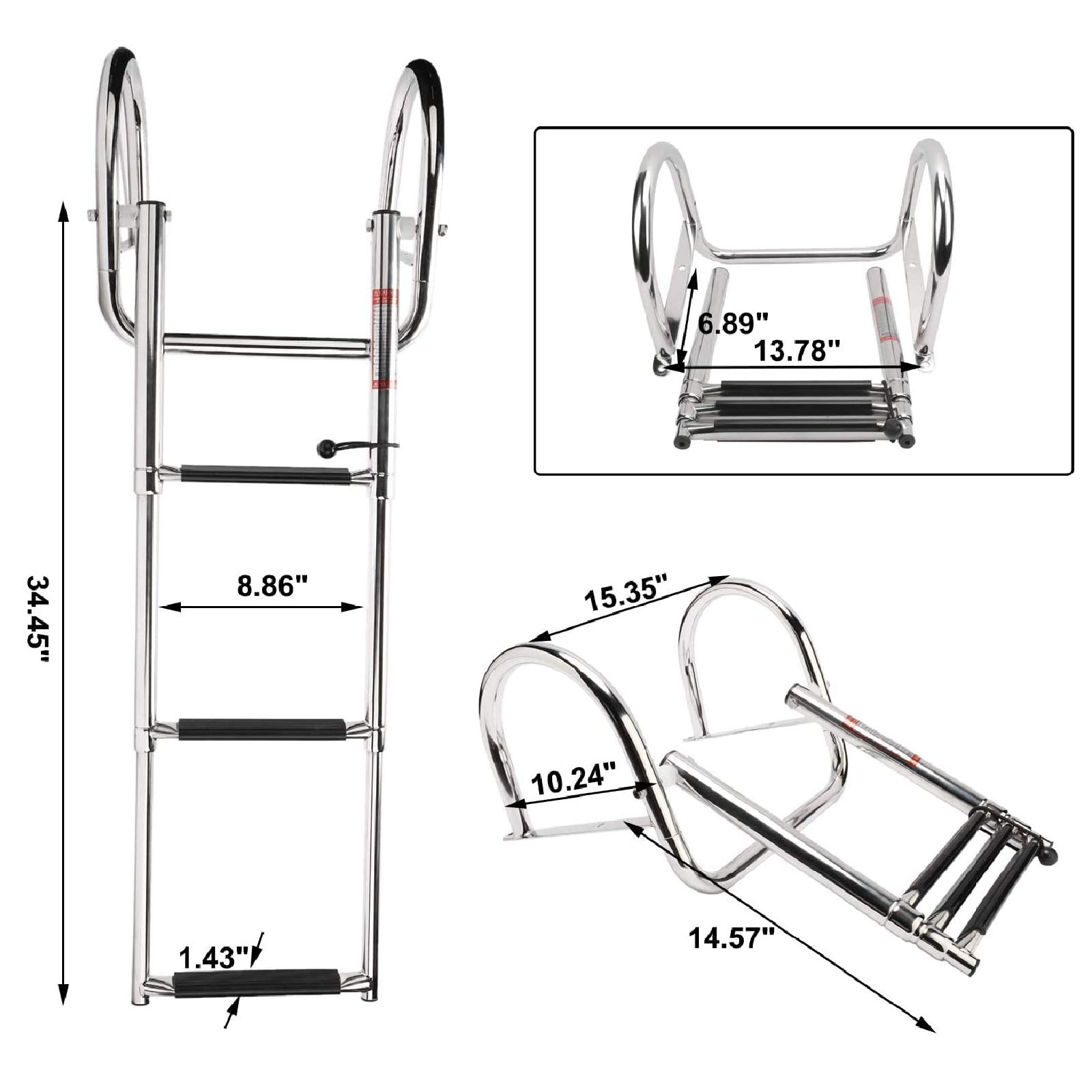 NovelBee 3 Step Inboard Boat Ladder,Stainless Steel Telescoping Step Ladder Folding Dock Ladder for Marine Boat Yacht Swimming Pool