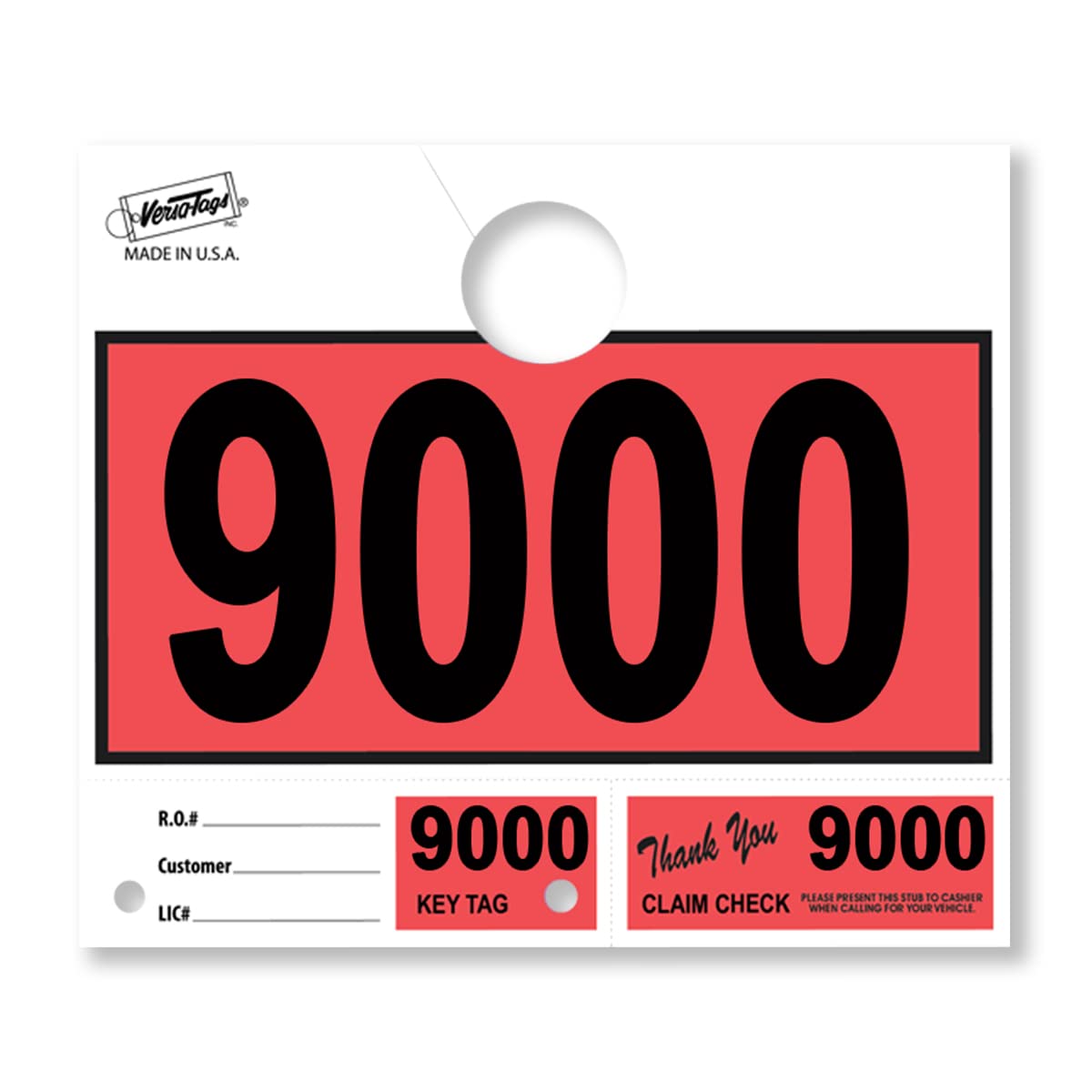 Versa-Tags 1000 Red Car Dealer Service Hang Tags Service Dispatch Numbers, Service Department Numbered Key Tags for Mechanic Repair Shop 3 Part Key Ring - Red (9000-9999)