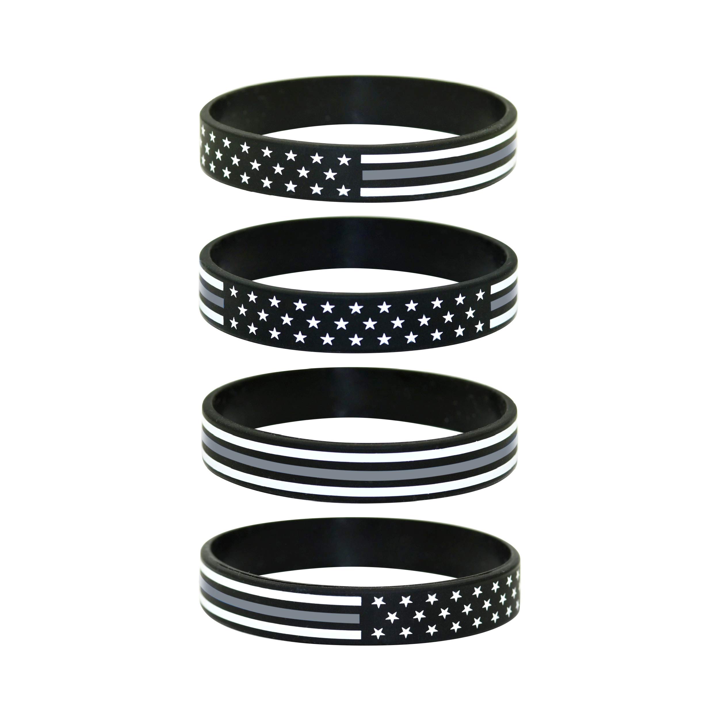 Thin Grey-Gray-Silver Line American Flag Silicone Stretchable Bracelet 4-Pack - Correctional Officer
