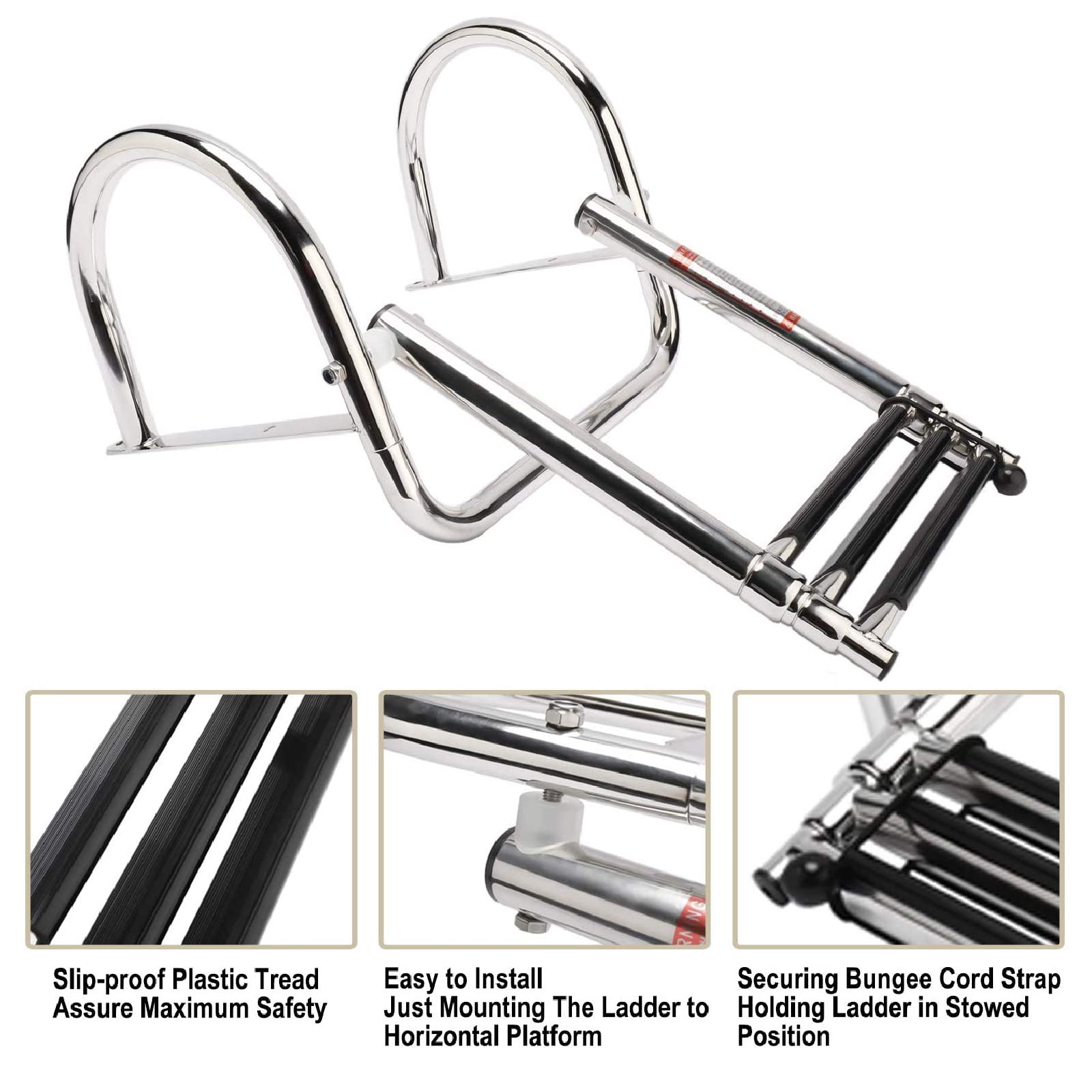 NovelBee 3 Step Inboard Boat Ladder,Stainless Steel Telescoping Step Ladder Folding Dock Ladder for Marine Boat Yacht Swimming Pool