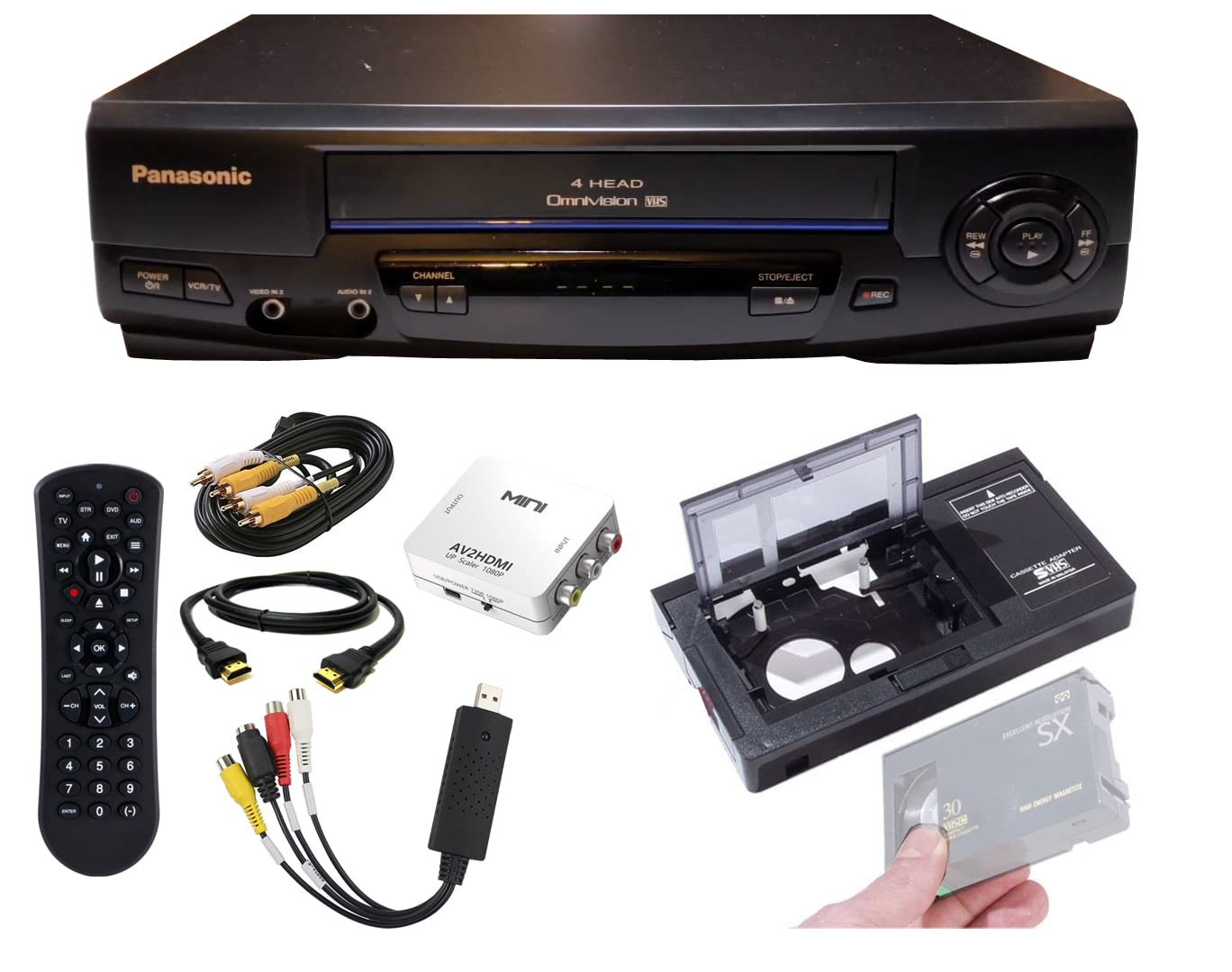 Panasonic VCR and VHS-C Adapter for VHS to DVD Transfer w/Remote, USB, HDMI (Mono)