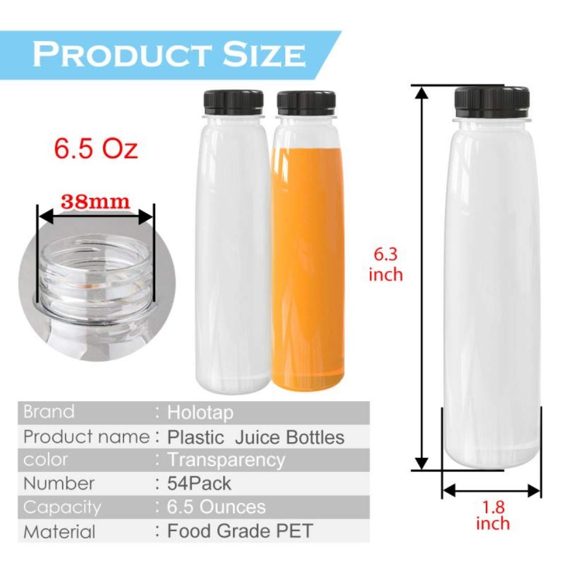 Holotap 54 Pack 7OZ Plastic Bottles with Caps, Empty PET Disposable Plastic Juice Bottles Bulk for Liquids with Black Tamper Evident Lids (7 OZ, Black)