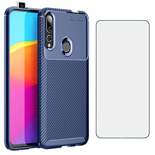 Phone Case for Huawei Y9 Prime 2019 with Tempered Glass Screen Protector Cover and Cell Accessories Slim Thin Rugged Soft TPU Silicone Carbon Fiber Hawaii Enjoy 10 Plus Cases Women Girls Men Boys Blue