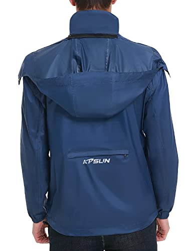 KPSUN Men's Rain Jackets Waterproof Lightweight Windbreaker Packable Cycling Running Raincoats with Removable Hood (Blue XXL)