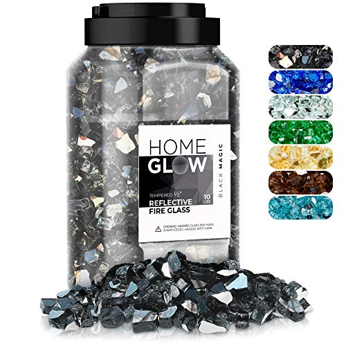 HOMEGLOW Fire Glass. Black 1/2 inch. Reflective Tempered Glass Rocks for Gas or Propane Fire Pit or Fireplace. 10 Pounds.