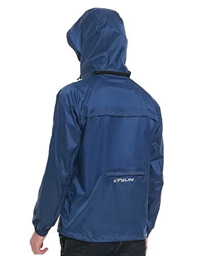 KPSUN Men's Rain Jackets Waterproof Lightweight Windbreaker Packable Cycling Running Raincoats with Removable Hood (Blue XXL)