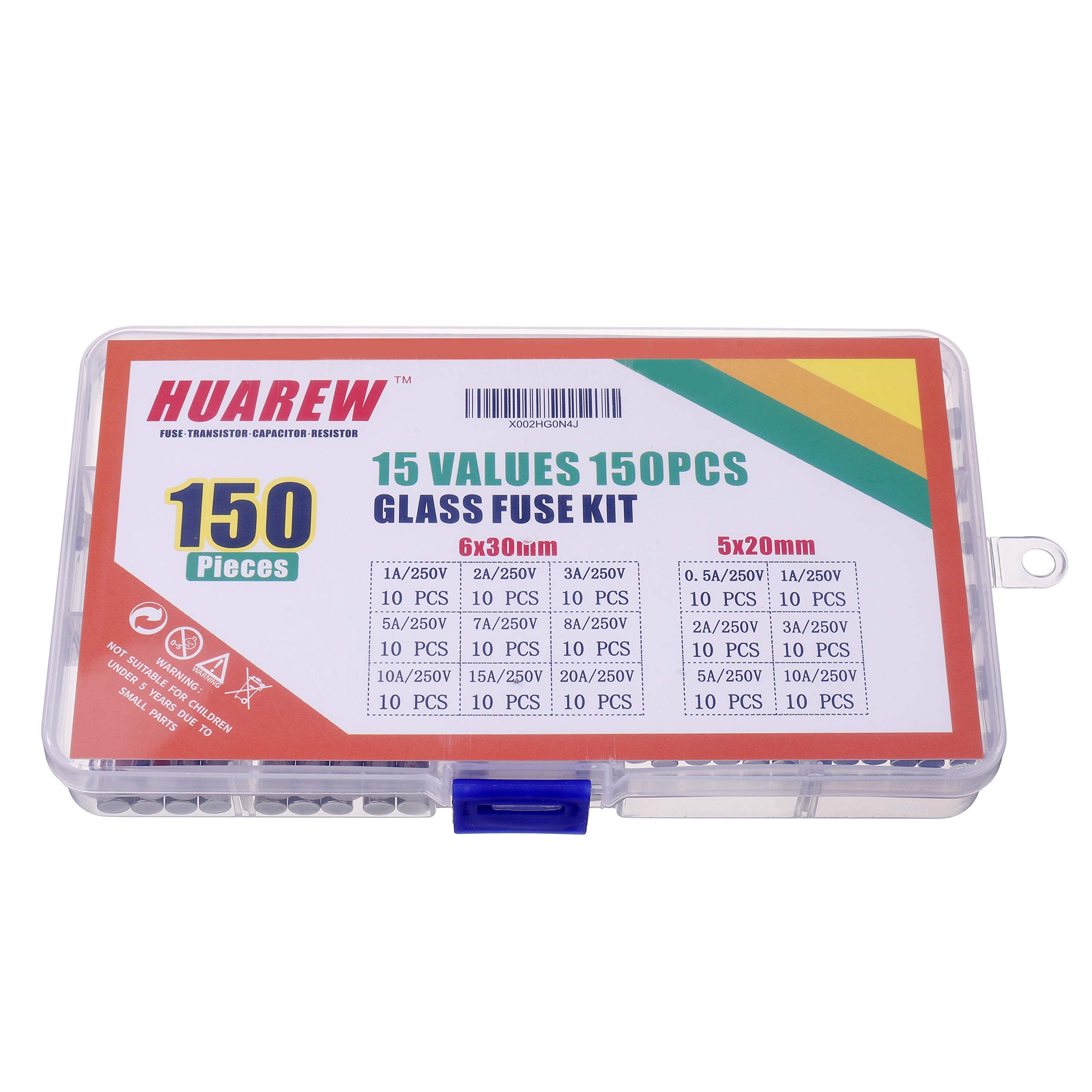 HUAREW 15 Values 150 Pcs Fast Blow Glass Fuses 250V Volt 5x20 mm 0.5 1 2 3 5 10 A 6x30 mm 1 2 3 5 7 8 10 15 20 A amp Assortment Kit